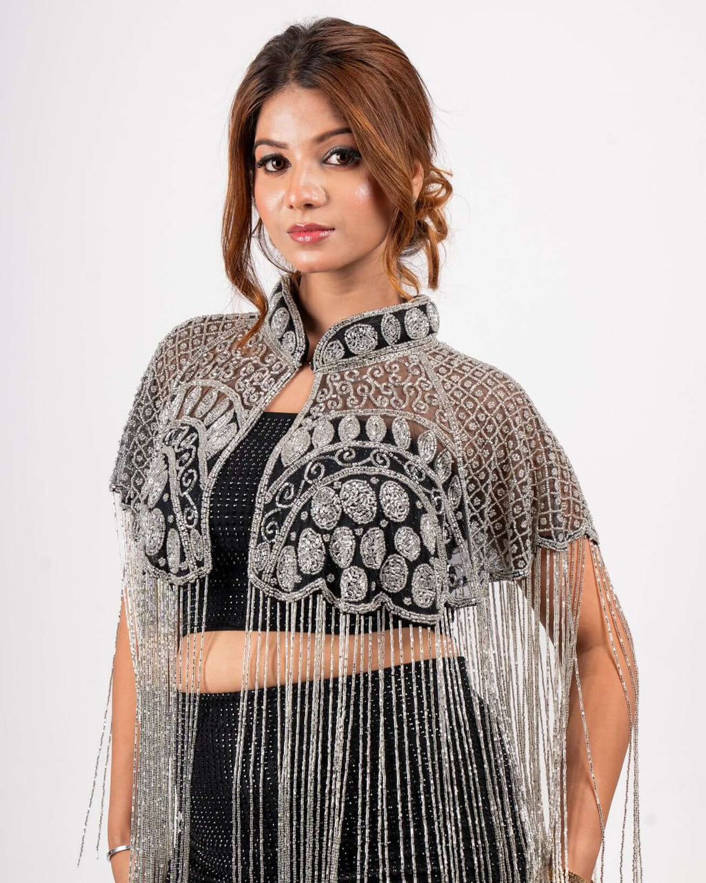 Silver & Black Beaded Shrug - House Of Majisha